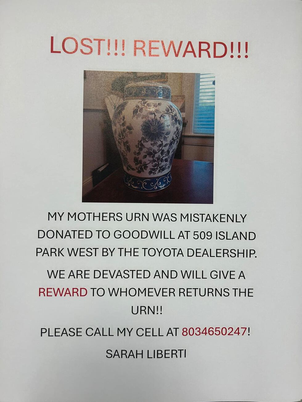 Woman asking for help locating mother’s ashes after they were ... Woman asking for help locating mother’s ashes after they were ...